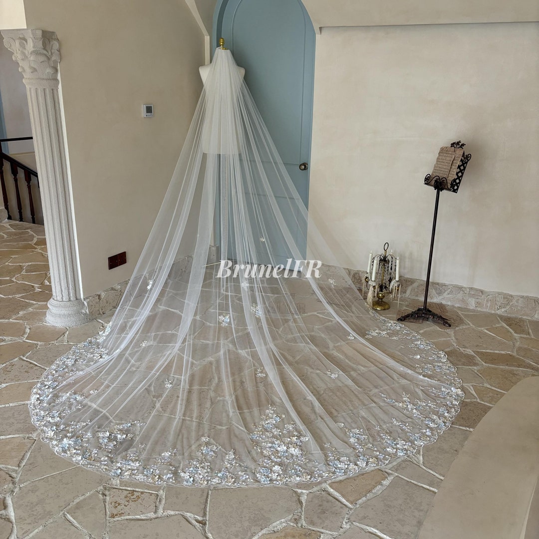 Light Blue Stunning Floral Veil Bead Veil Wedding Bridal Veil Custom ...