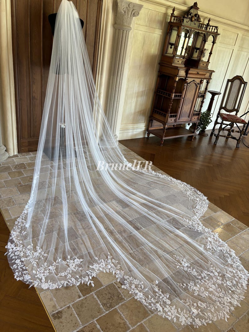 Elegant Flower Veil Cathedral Veil Wedding Bridal Veil Custom Length ...