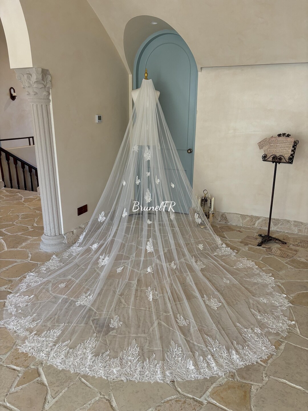 Starfish Applique Veil Sea Theme Lace Veil Beach Party Veil Cathedral ...