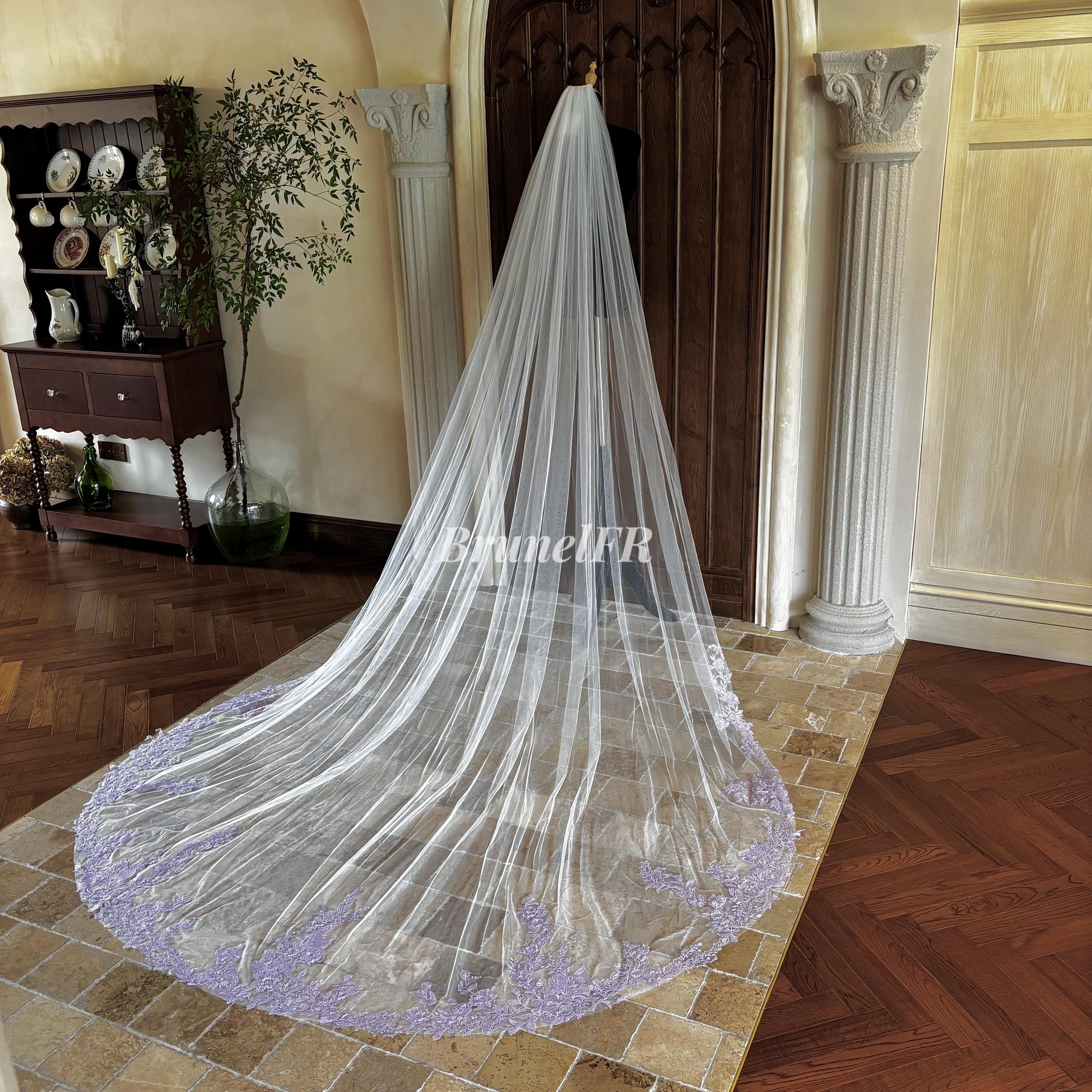 Dreamy Purple Lace Floral Veil Beaded Applique Wedding Veil Bridal Veil ...