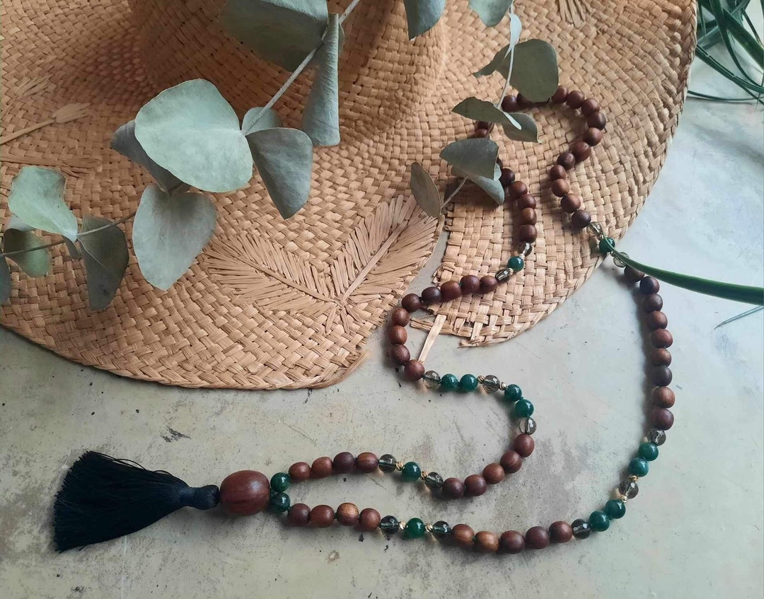 Emerald Mala, Wooden Mala, Green Mala Necklace, Beaded Necklace, Smoky ...