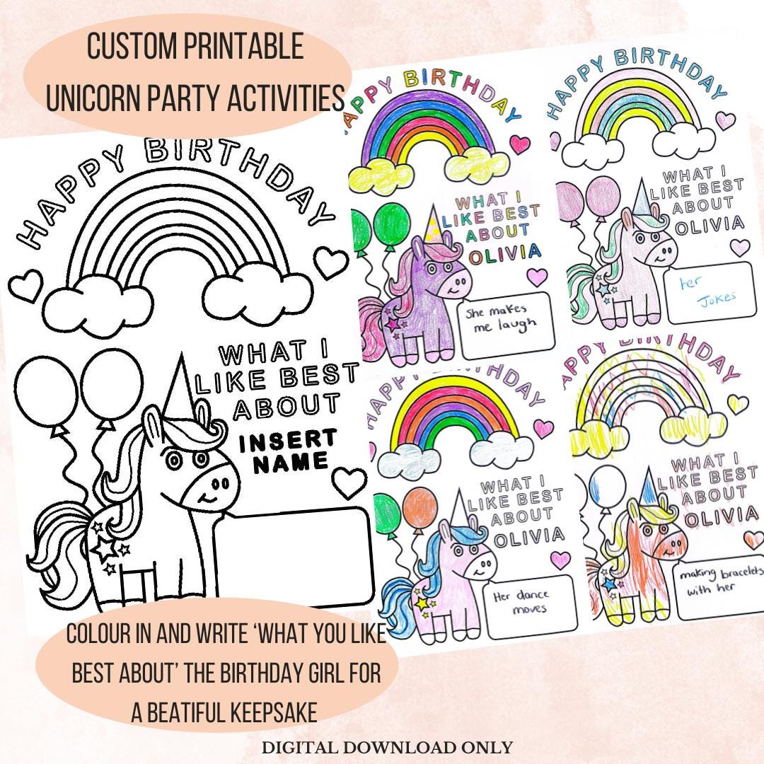 Unicorn Party Activities, Custom Printable Unicorn Birthday Coloring ...