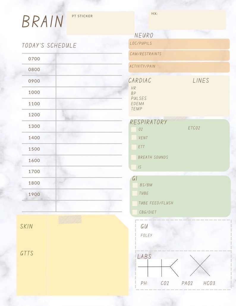 ICU Critical Care Nurse Brain Sheet Night/day RN Report Sheet - Etsy