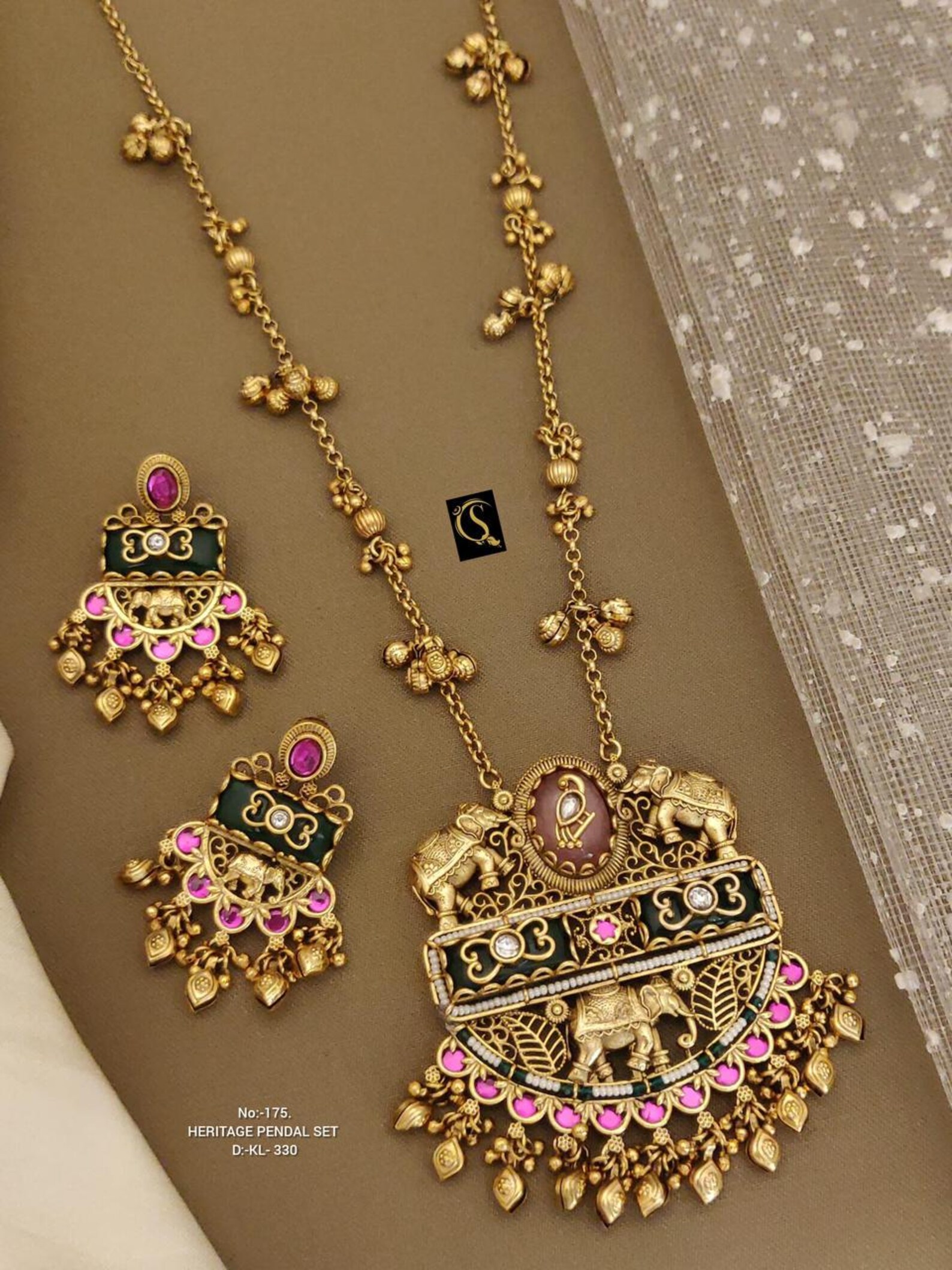 Elephant Pendal Set: Pachi Kundan, Pearls & Green Enamel - Rajasthani ...