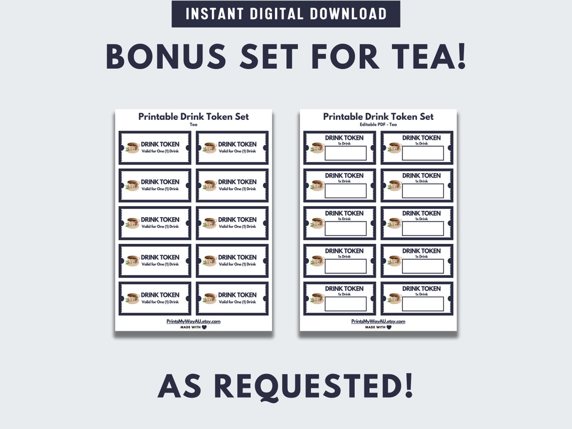 Printable Drink Token Bundle | Printable Drink Coupons | Drink Vouchers ...