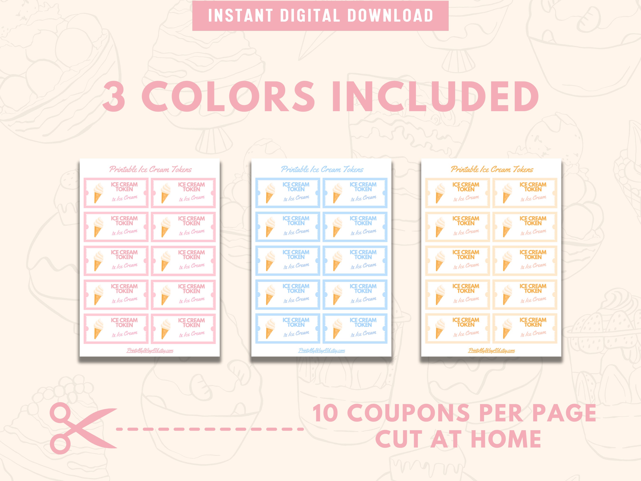 Printable Ice Cream Tokens | Gelato Coupons | Ice Cream Birthday | Ice ...