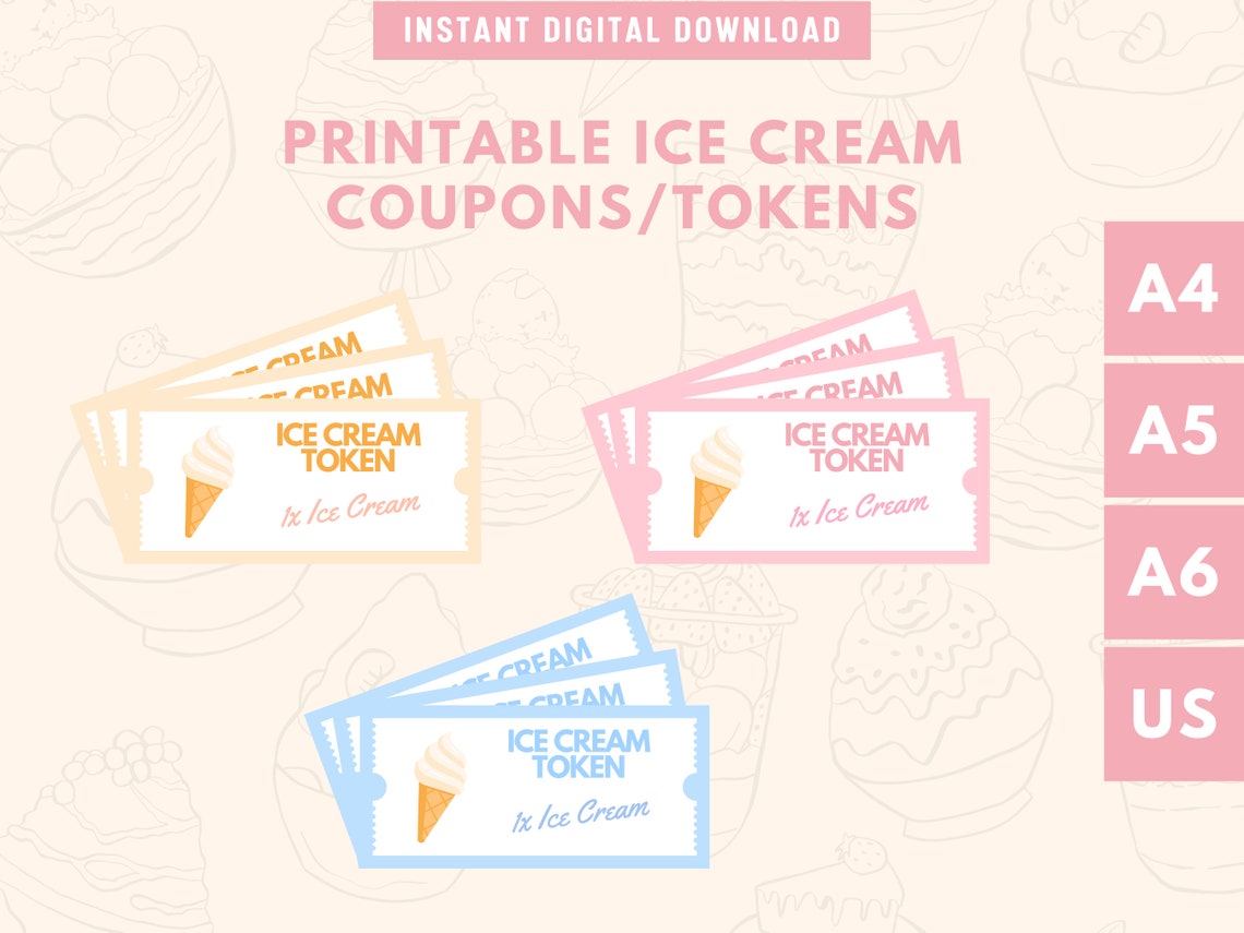 Printable Ice Cream Tokens | Gelato Coupons | Ice Cream Birthday | Ice ...