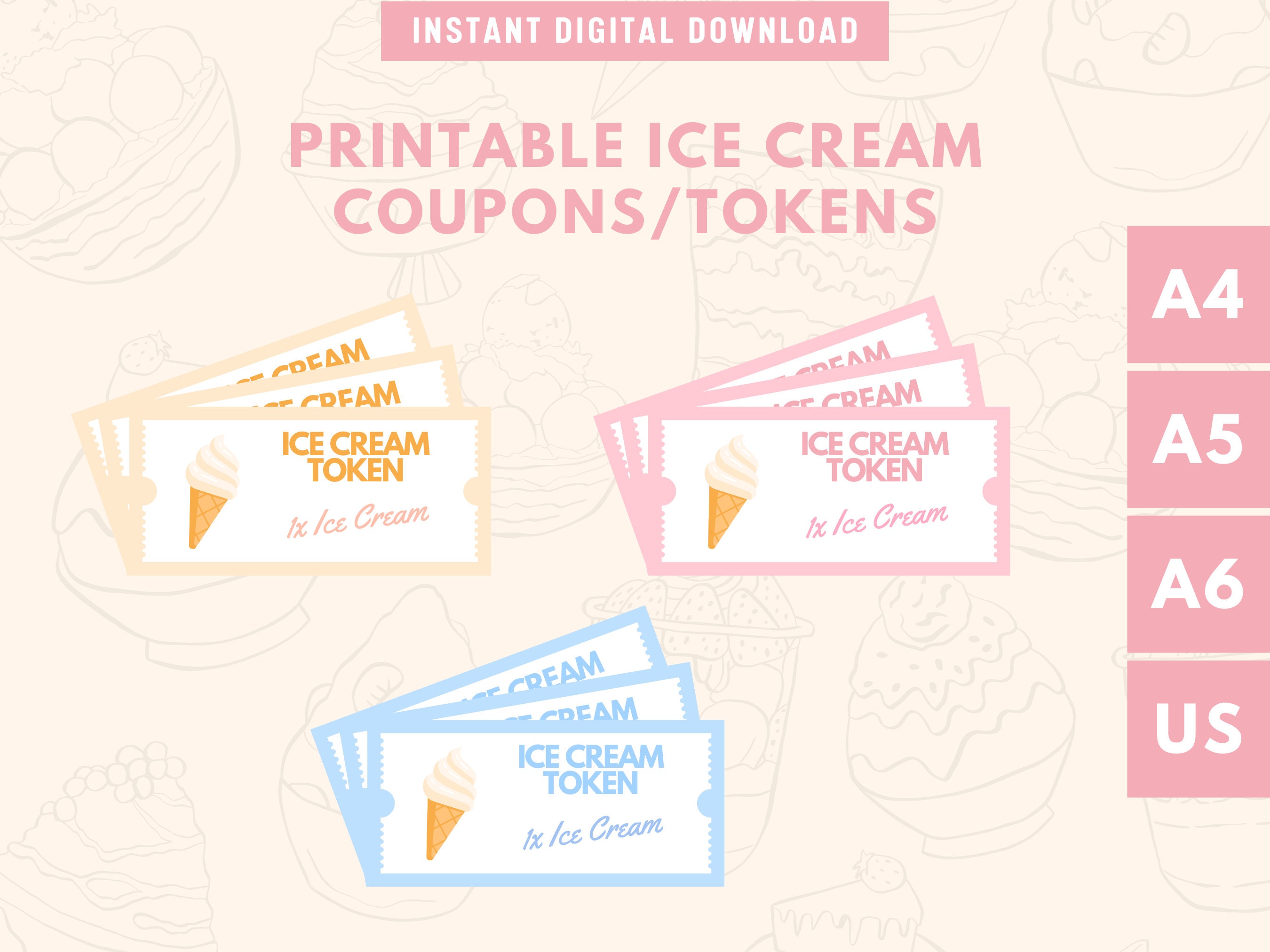 Printable Ice Cream Tokens | Gelato Coupons | Ice Cream Birthday | Ice ...