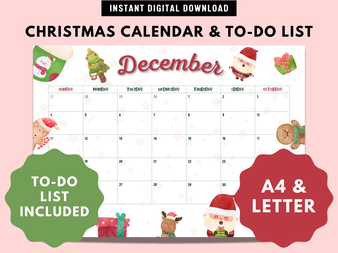 Christmas Calendar To-do List Printable Santa Calendar Christmas ...