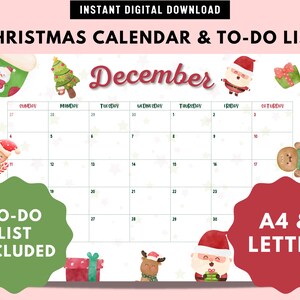 Christmas Calendar To-do List Printable Santa Calendar Christmas ...