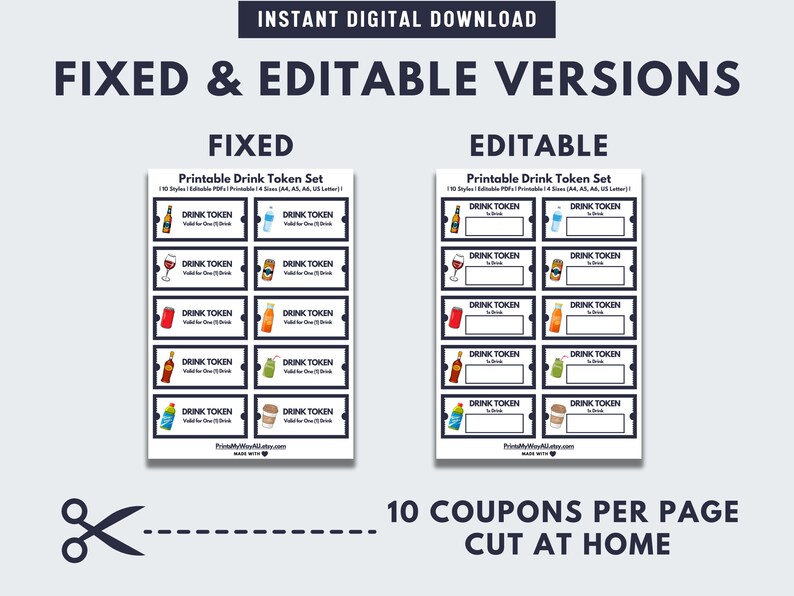 Printable Drink Token Bundle | Printable Drink Coupons | Drink Vouchers ...