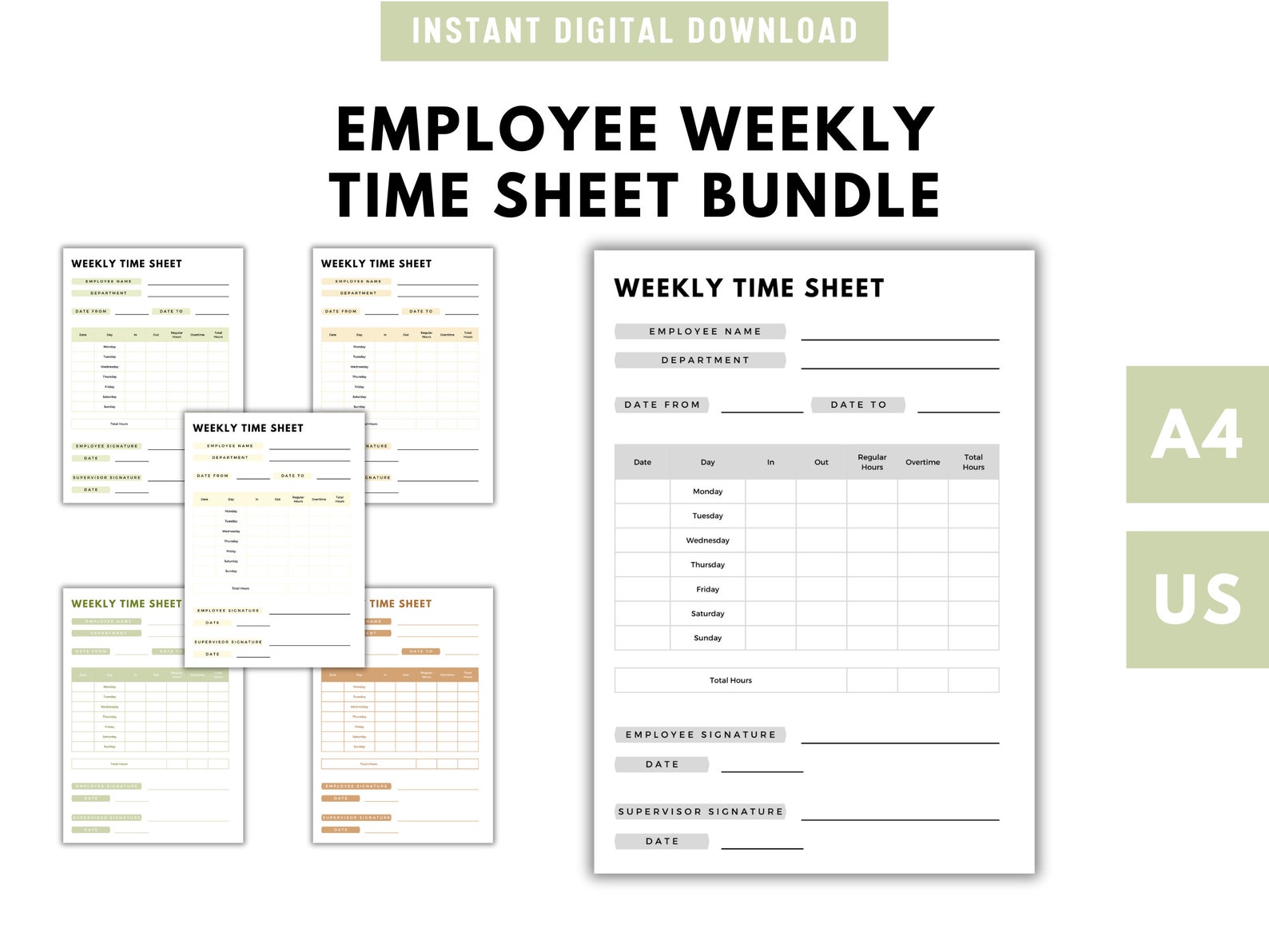 Employee Timesheet Template – Printable Time Tracker, Work Schedule ...