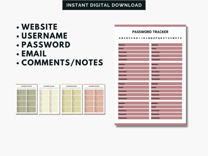 Password Tracker Printable - Password Log - Password Keeper - Password ...