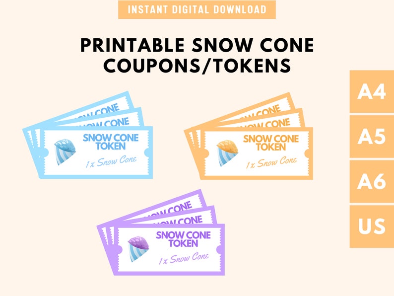 Snow Cone Coupons for Summer Rewards, Printable Kids Birthday Treat ...
