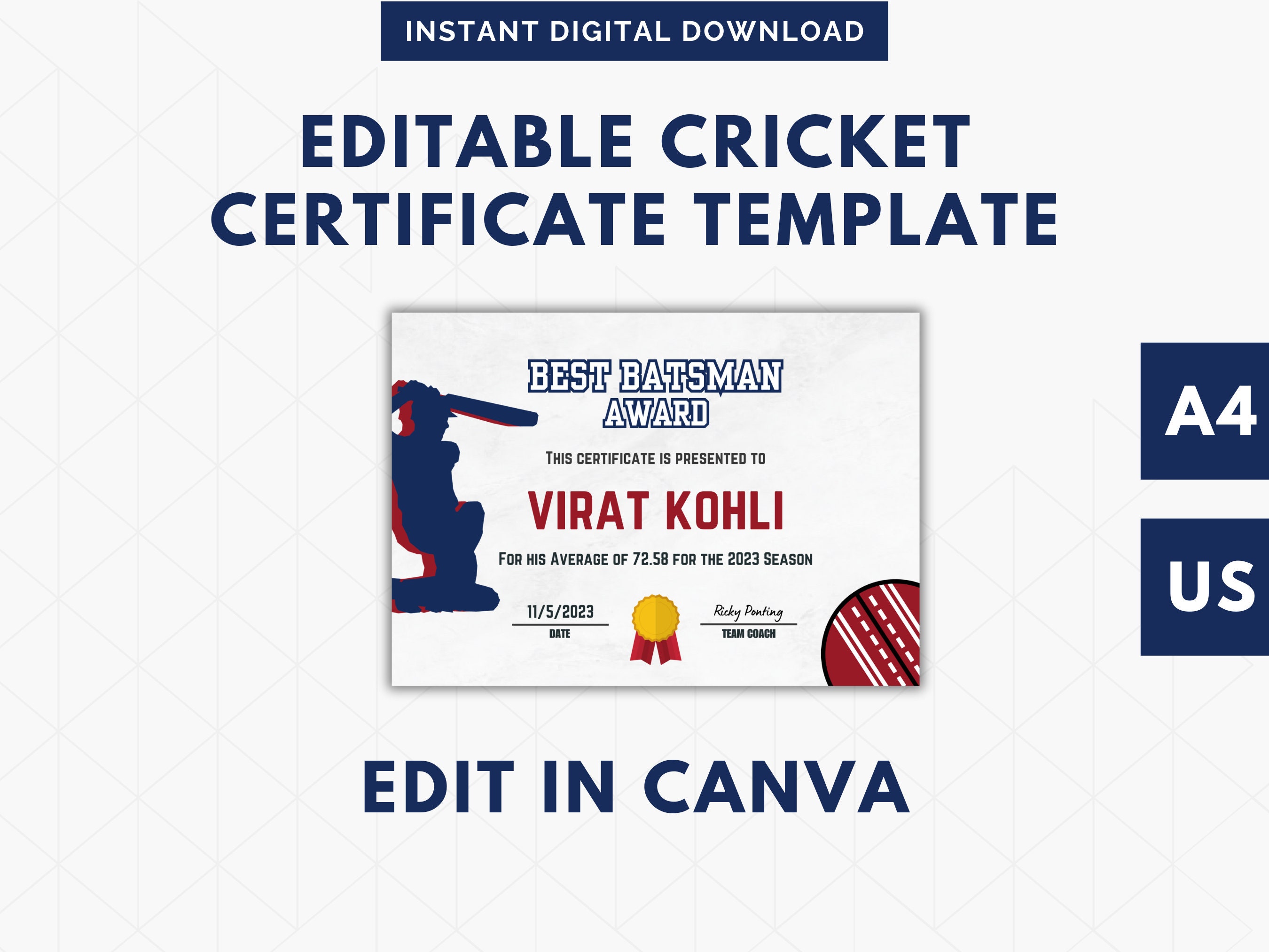 Editable Cricket Award Certificate Template (canva) - Etsy