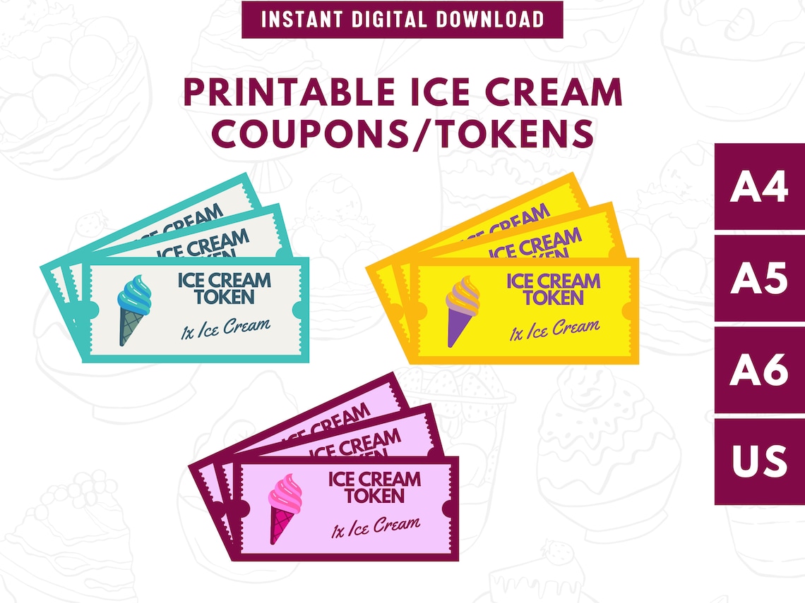 Printable Ice Cream Tokens – Colorful Gelato Coupons for Night Market ...