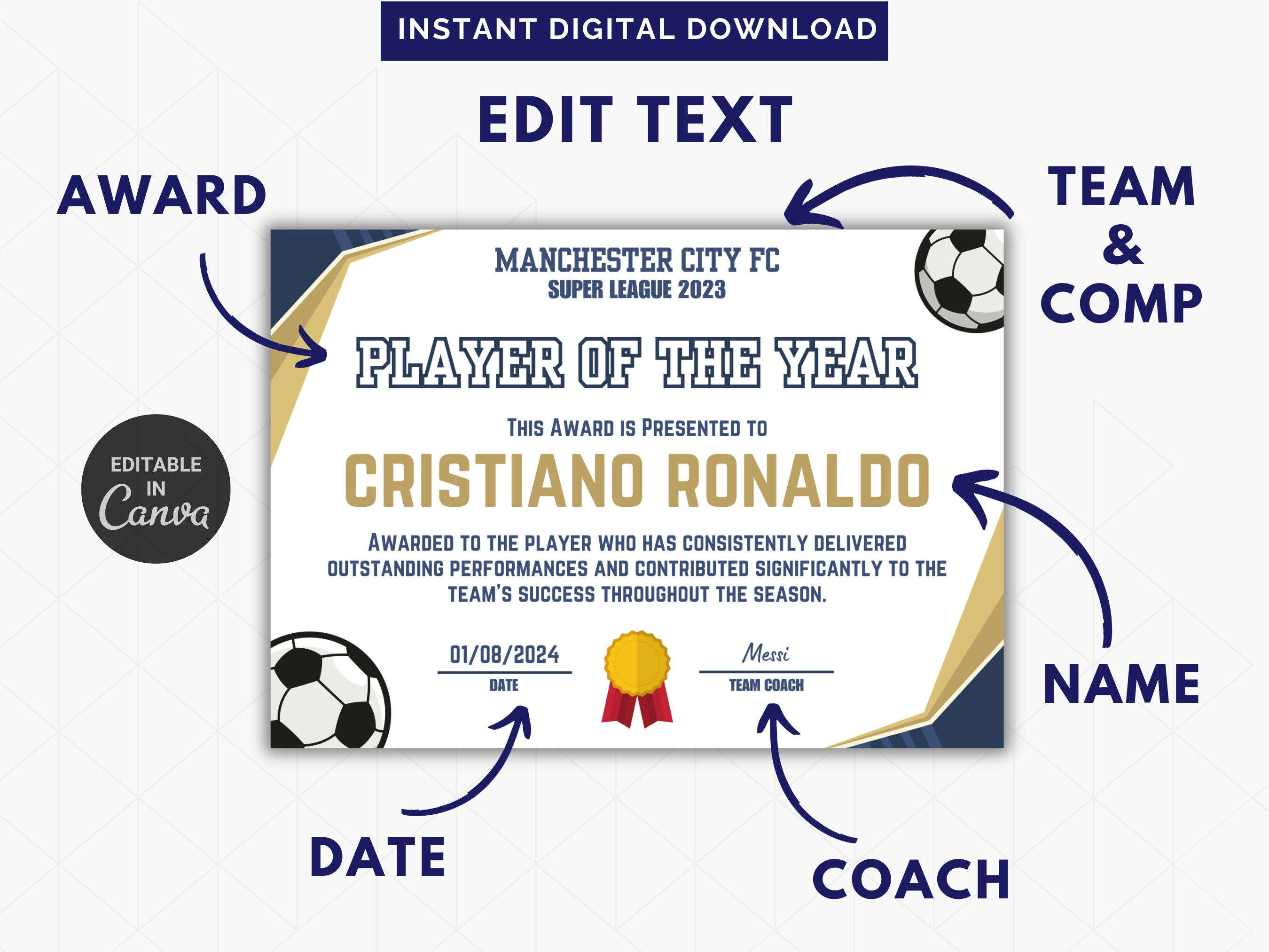 Soccer Award Certificates Soccer Coach Sports Certificate Football ...