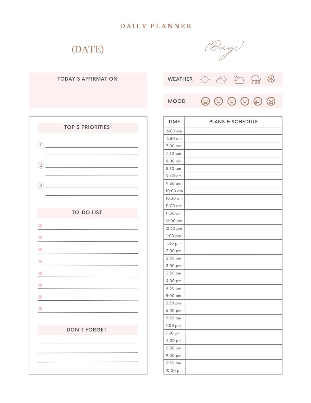 Daily Planner List Printable, Instant Download, Daily Schedule ...