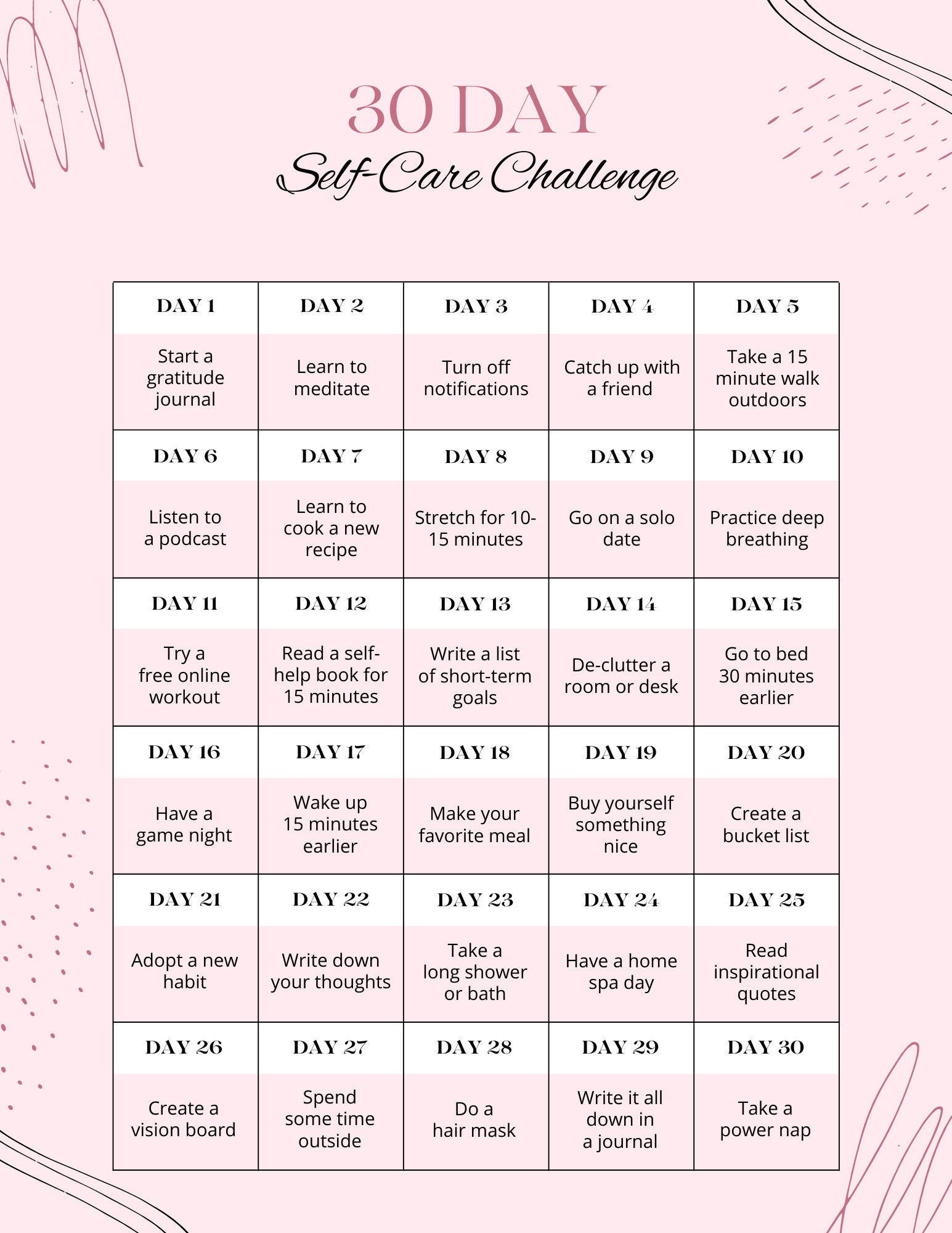 30 Day Self Care Challenge Digital Download, Instant Download ...