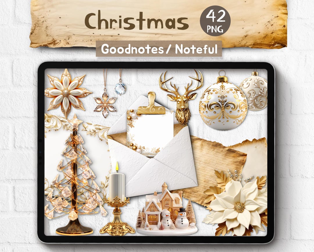 Christmas Realistic Digital Sticker Goodnotes, Noteful Christmas Golden ...