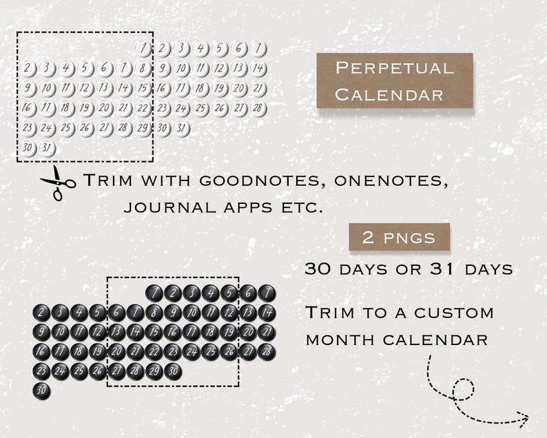 Perpetual Calendar Realistic Digital Stickers: Goodnotes Noteful File ...