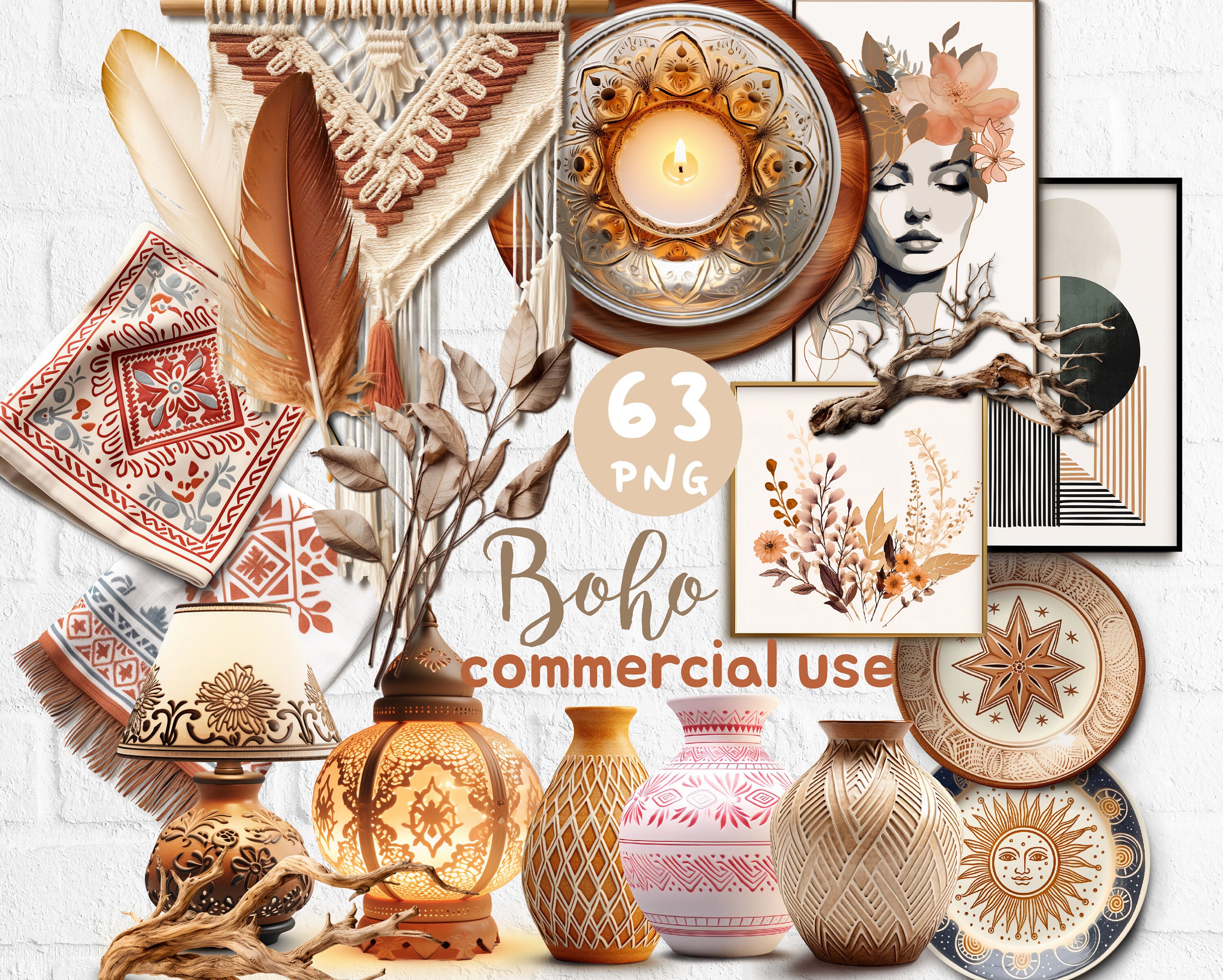 Boho Realistic Digital Sticker Aesthetic Bohemian Graphic Commercial ...