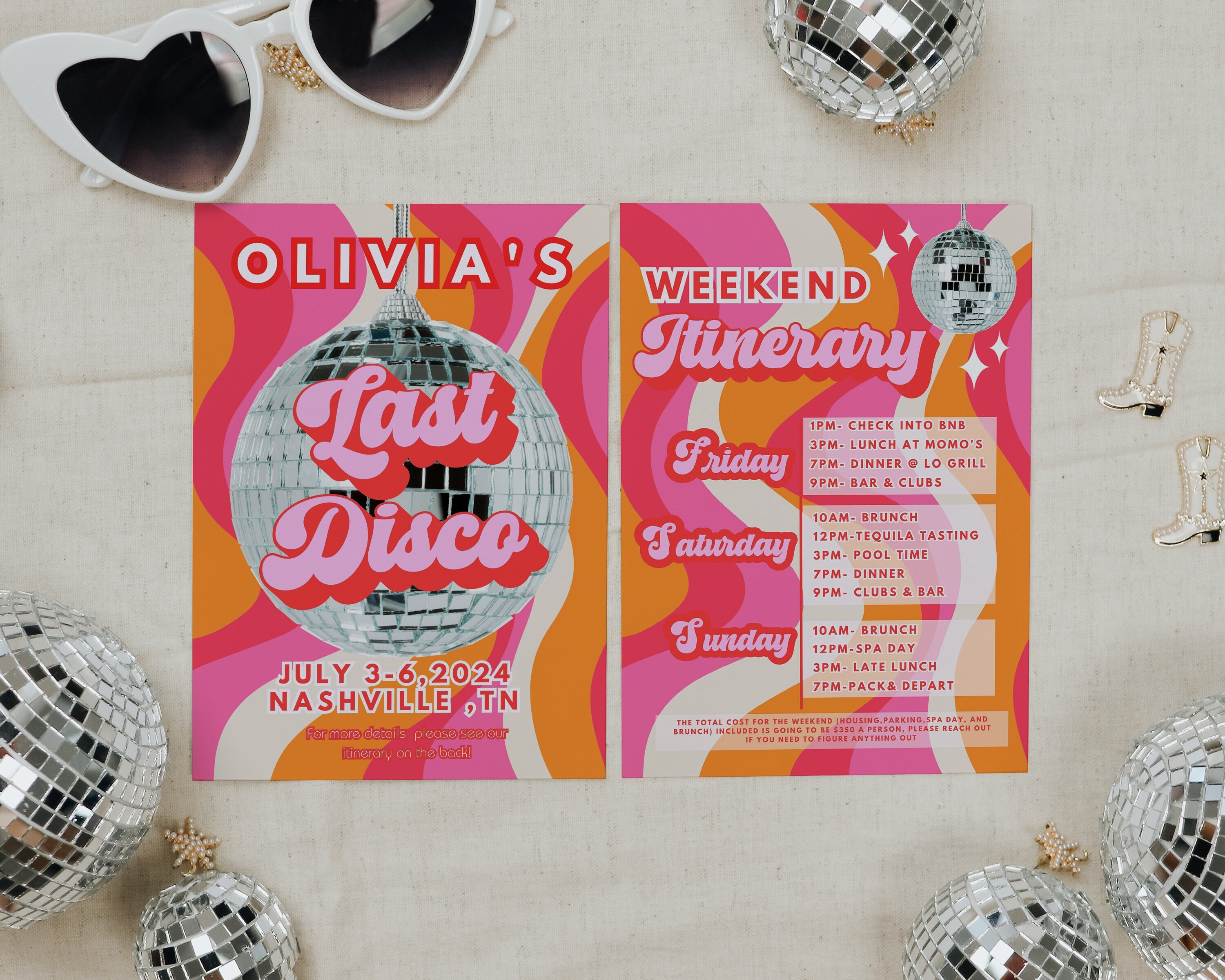Retro Bachelorette Last Disco Invite Canva Itinerary Template Custom ...
