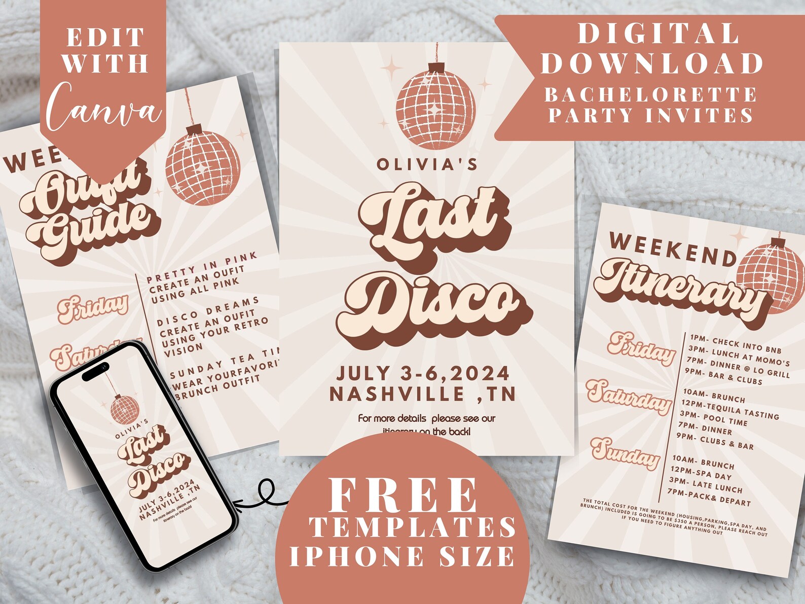 DISCO Bachelorette Invitation Canva Itinerary Template Custom Retro ...
