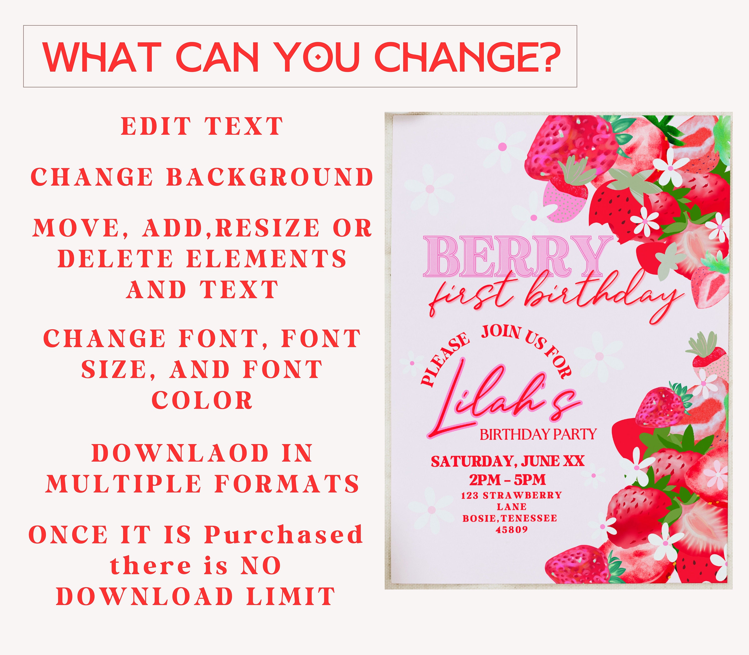 Berry First Birthday Decor Templates Girl Strawberry Birthday Berry ...