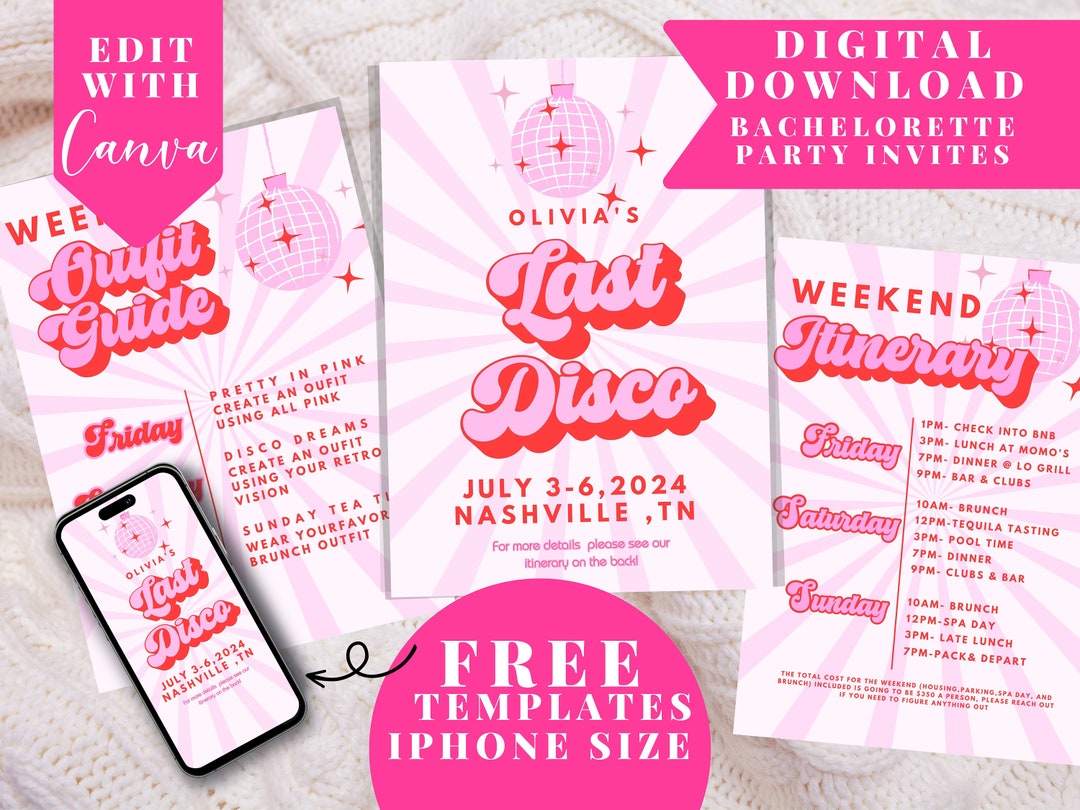 DISCO Bachelorette Invitation Canva Itinerary Template Custom Retro ...