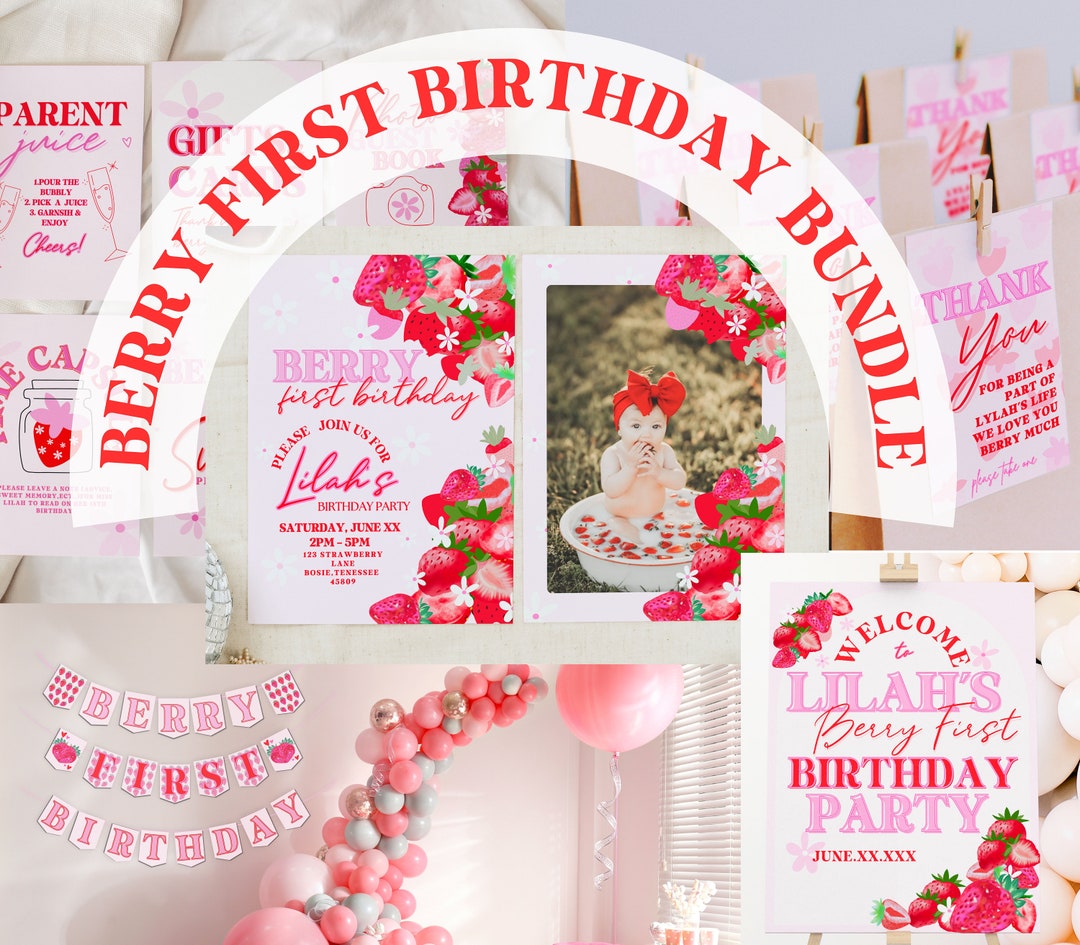 Berry First Birthday Decor Templates Girl Strawberry Birthday Berry ...