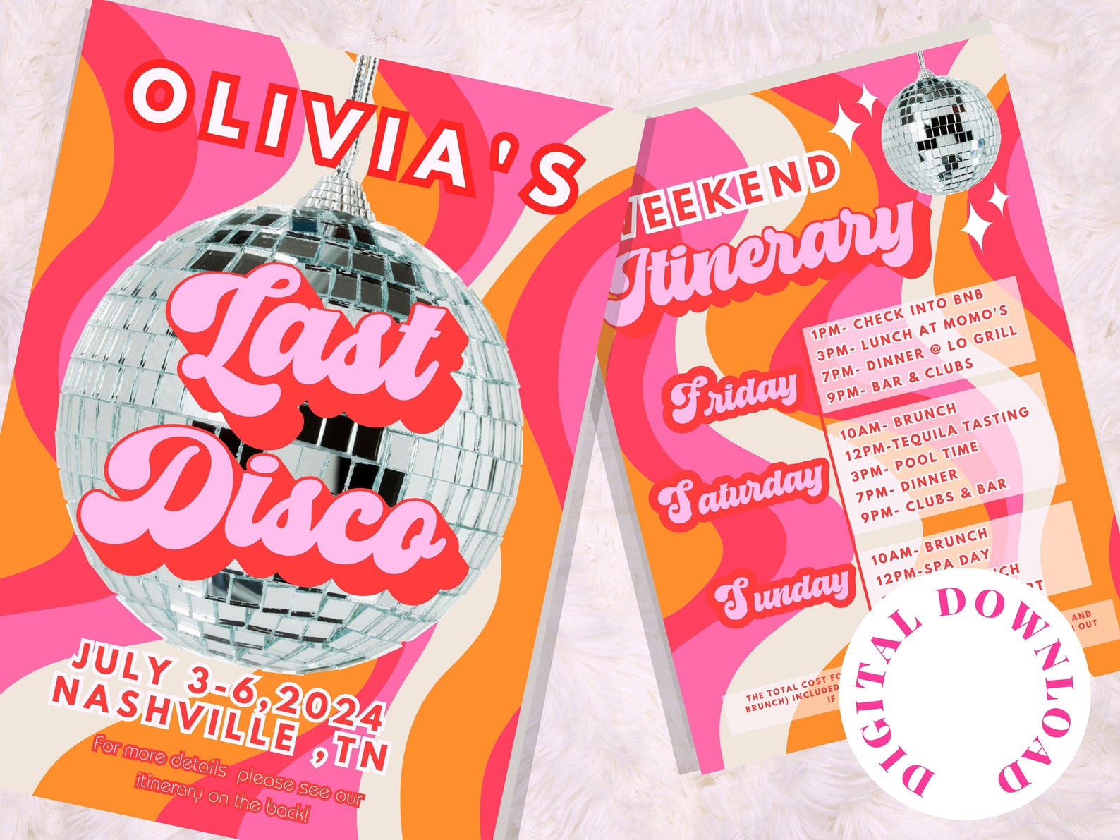 Retro Bachelorette Last Disco Invite Canva Itinerary Template Custom ...
