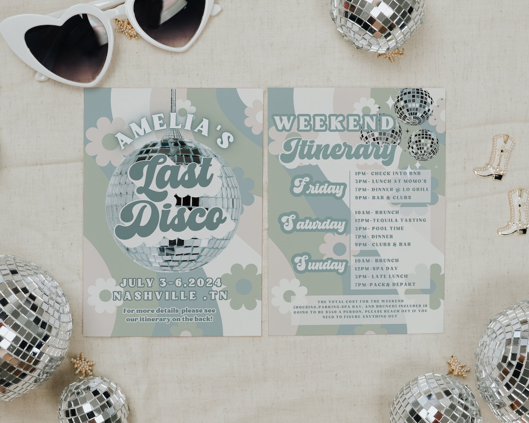 Last Disco Retro Bachelorette Invite Canva Itinerary Template Custom ...