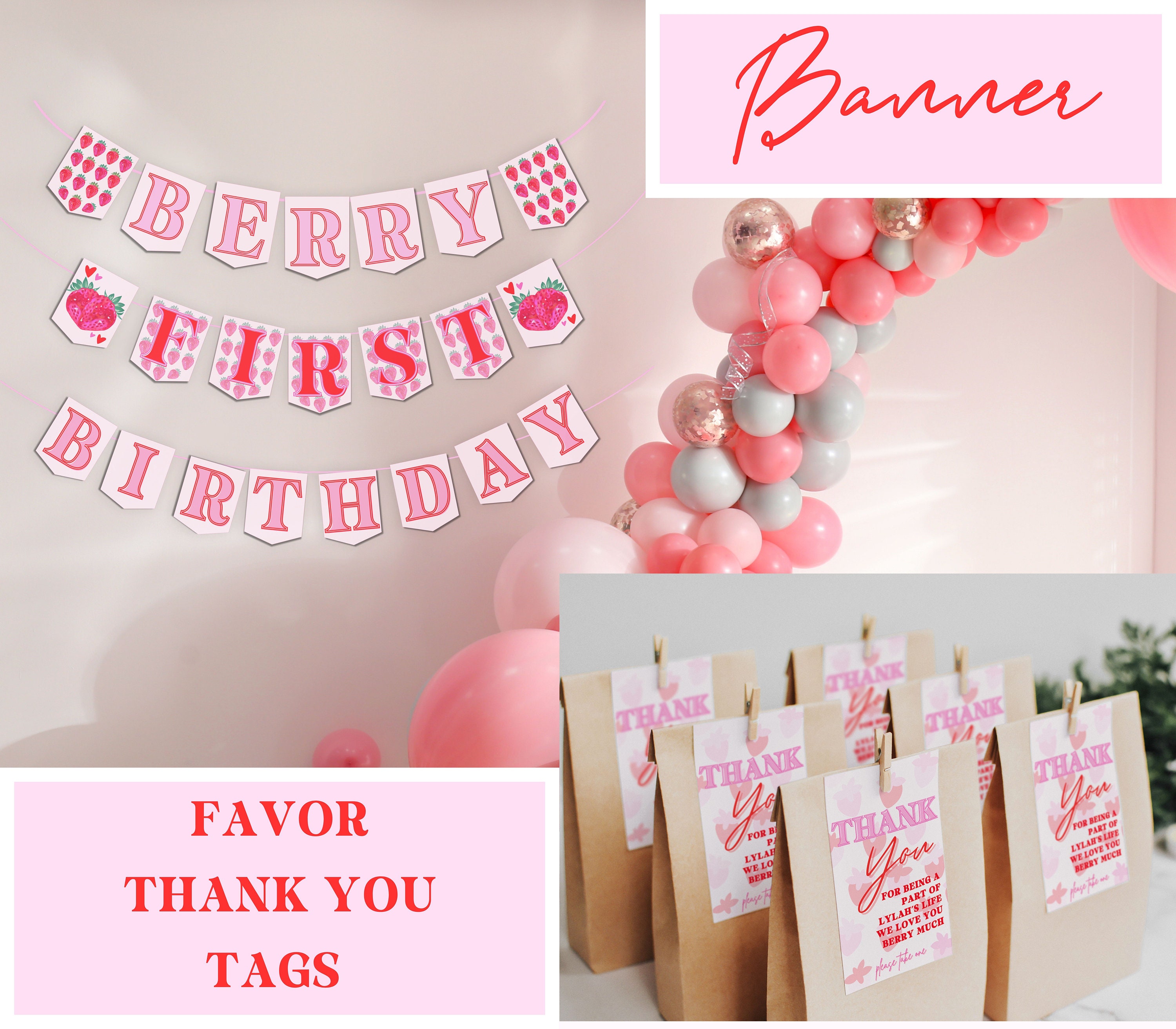 Berry First Birthday Decor Templates Girl Strawberry Birthday Berry ...