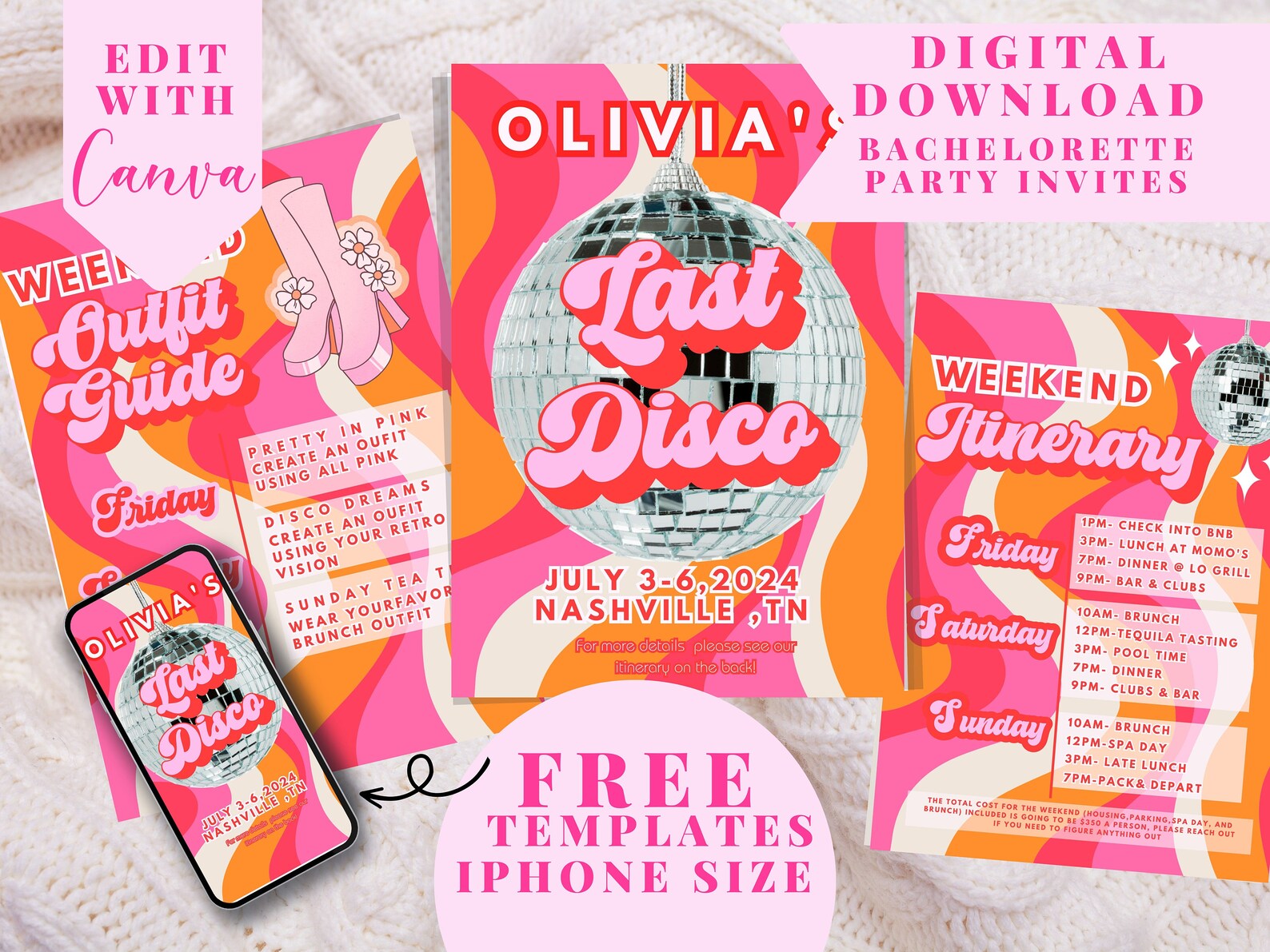 Retro Bachelorette Last Disco Invite Canva Itinerary Template Custom ...