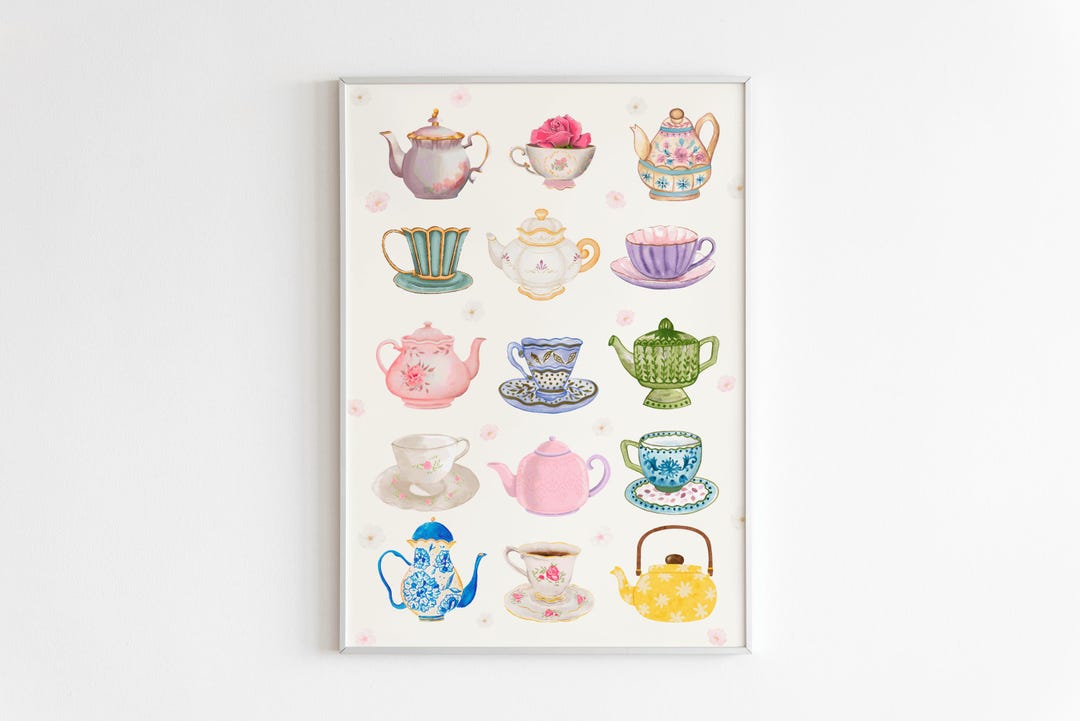 Teapots and Teacups Poster, Pink, Tea, Wall Art, Designer Wall Art ...