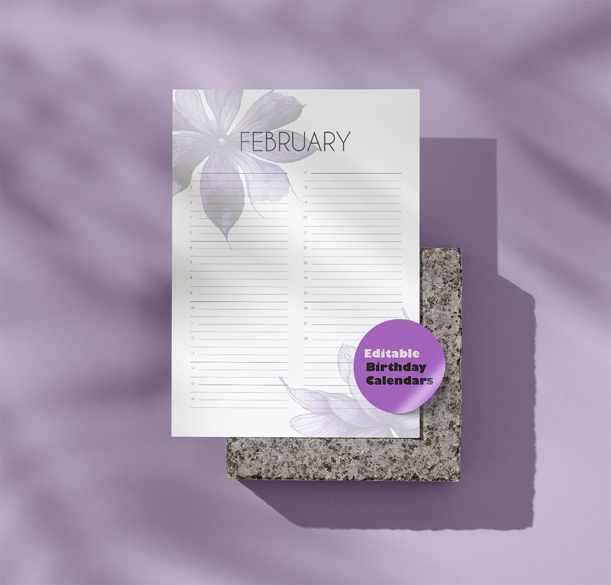 Editable Printable Perpetual Birthday Calendar With Minimalist Flower ...