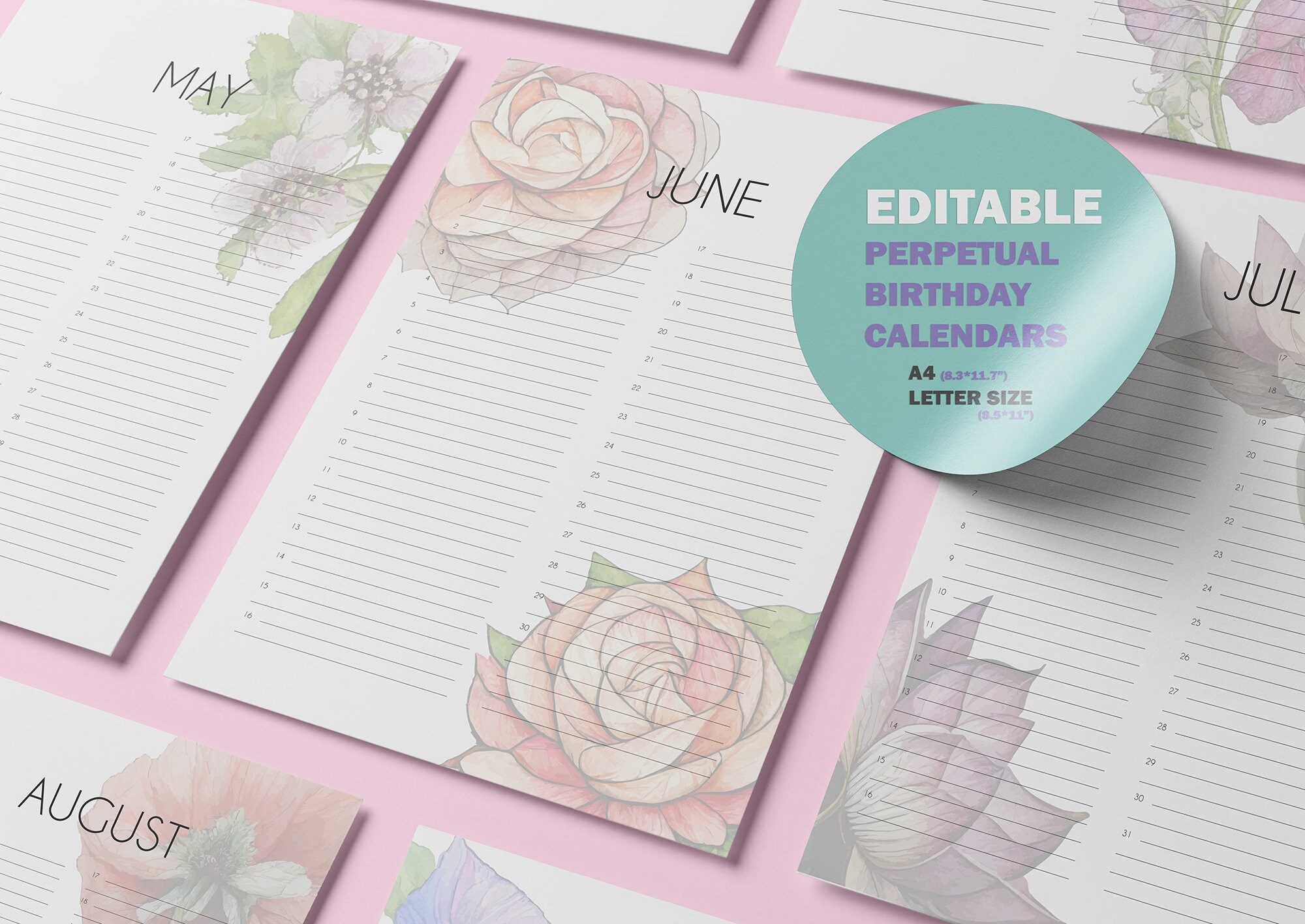 Editable Printable Perpetual Birthday Calendar With Minimalist Flower ...