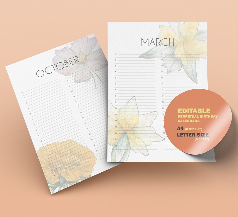 Editable Printable Perpetual Birthday Calendar With Minimalist Flower ...
