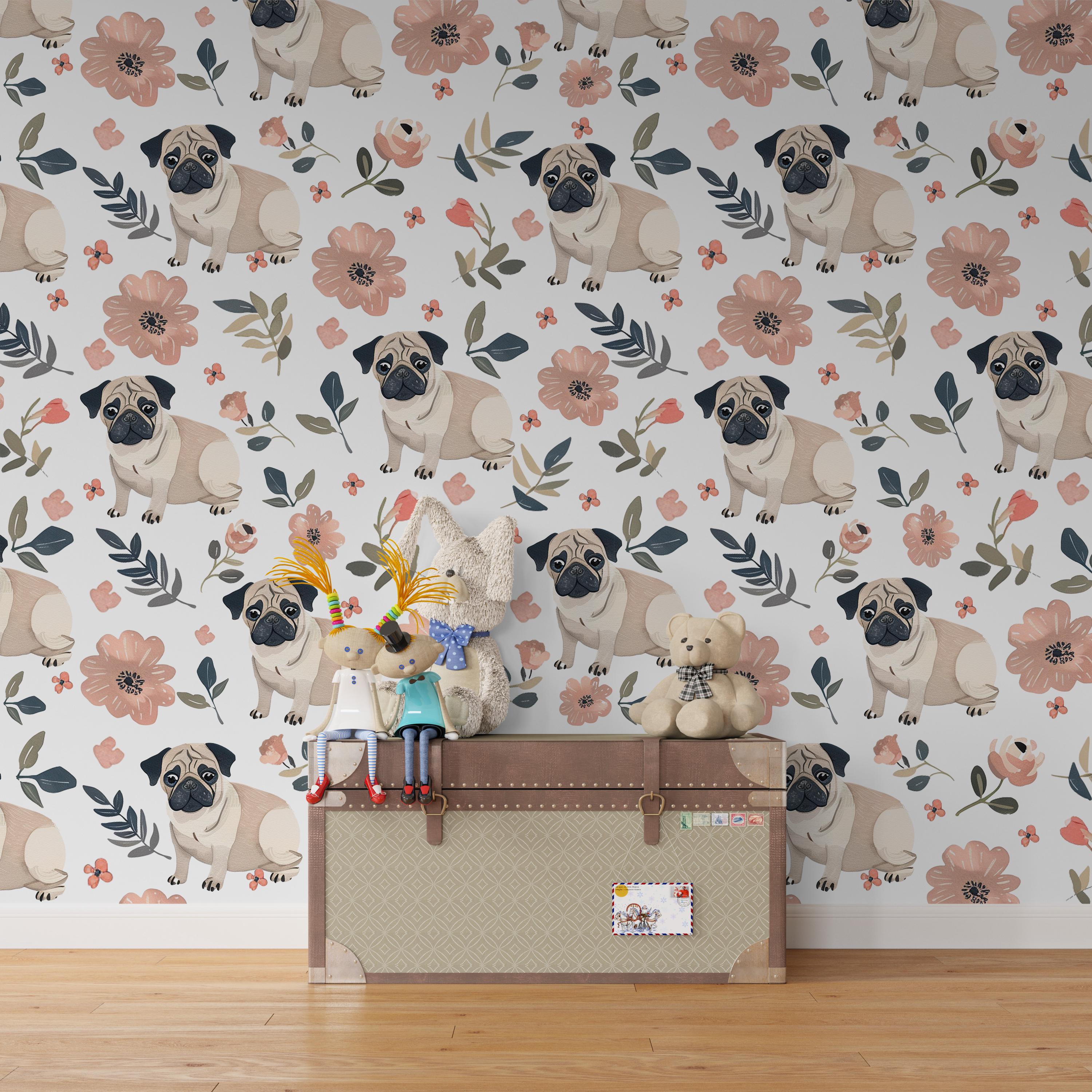 Adorable Pug Dog Floral Wallpaper | Cute Pet & Flower Pattern Removable ...
