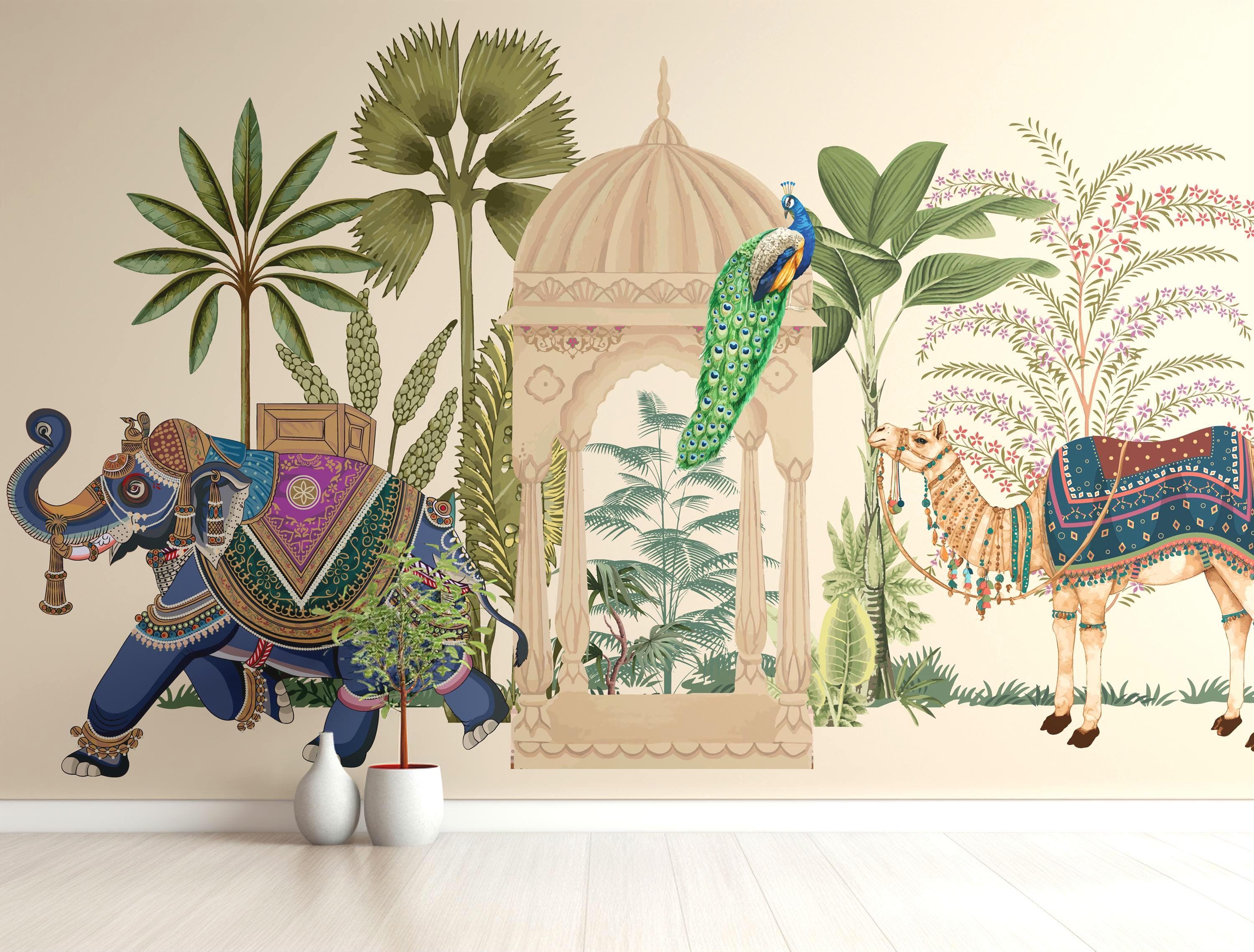 Luxury Indian Wallpaper Hand Painted Royal Elephant Wall Decor ...