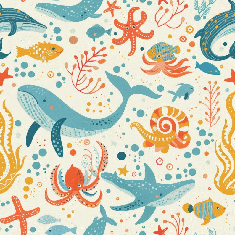 Sea Creatures Wallpaper | Marine Life Wall Art | Nautical Ocean Life ...