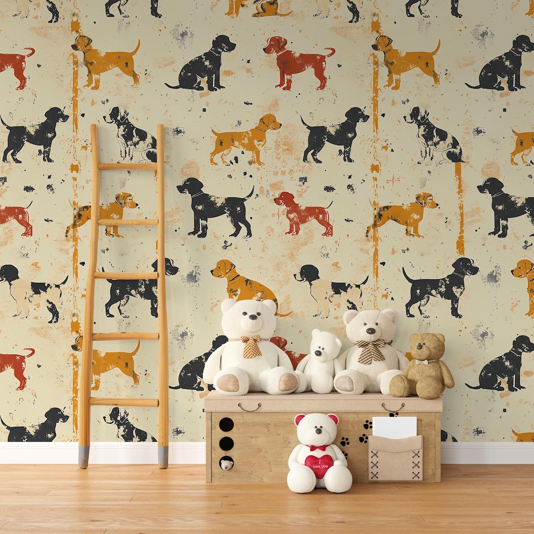 Retro Dog Pattern Wallpaper | Vintage Puppy Wall Decor | Kids Room Dog ...