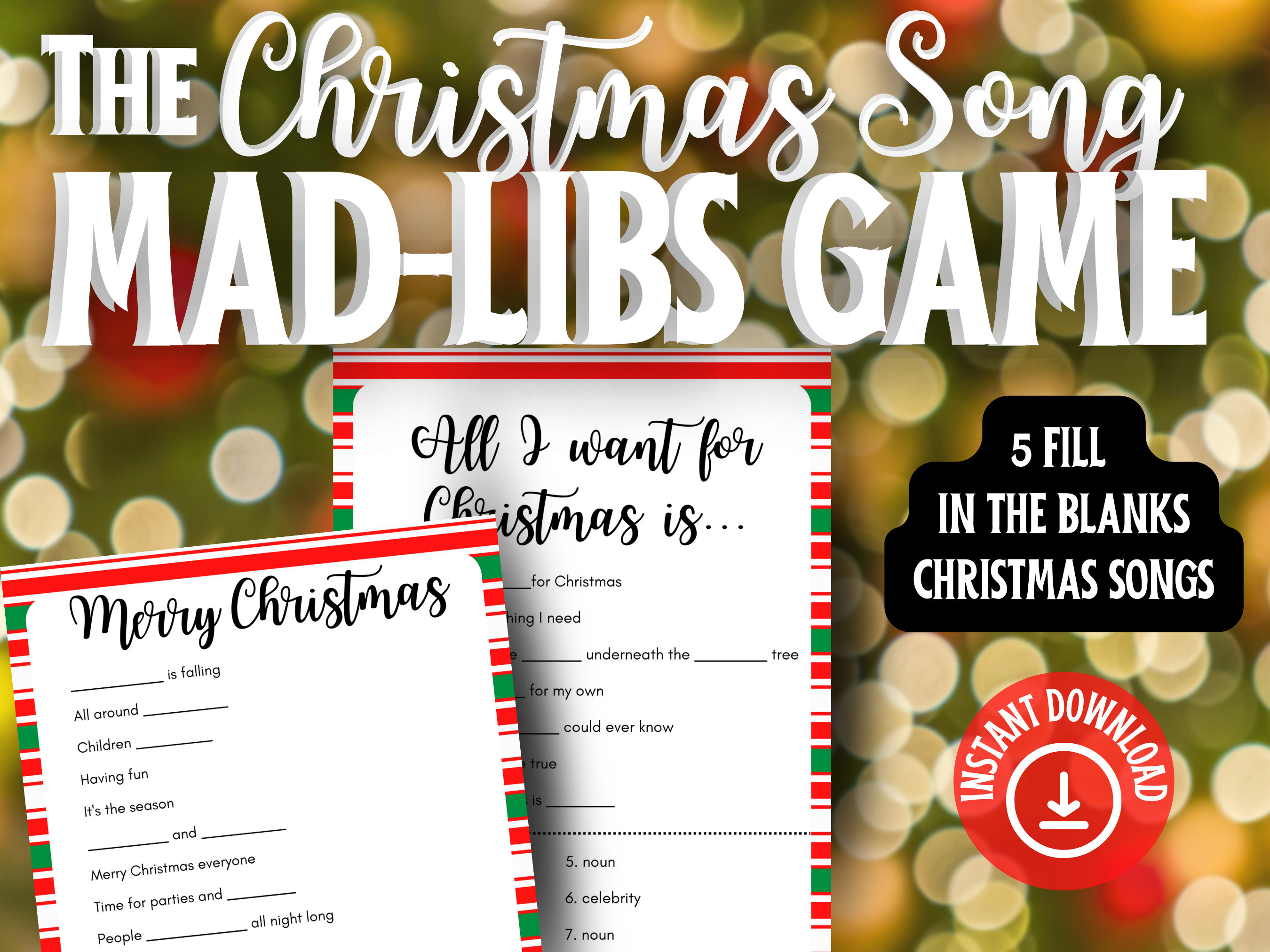 Christmas Song Mad Libs Game, 5 Xmas Songs Fill in the Blanks ...