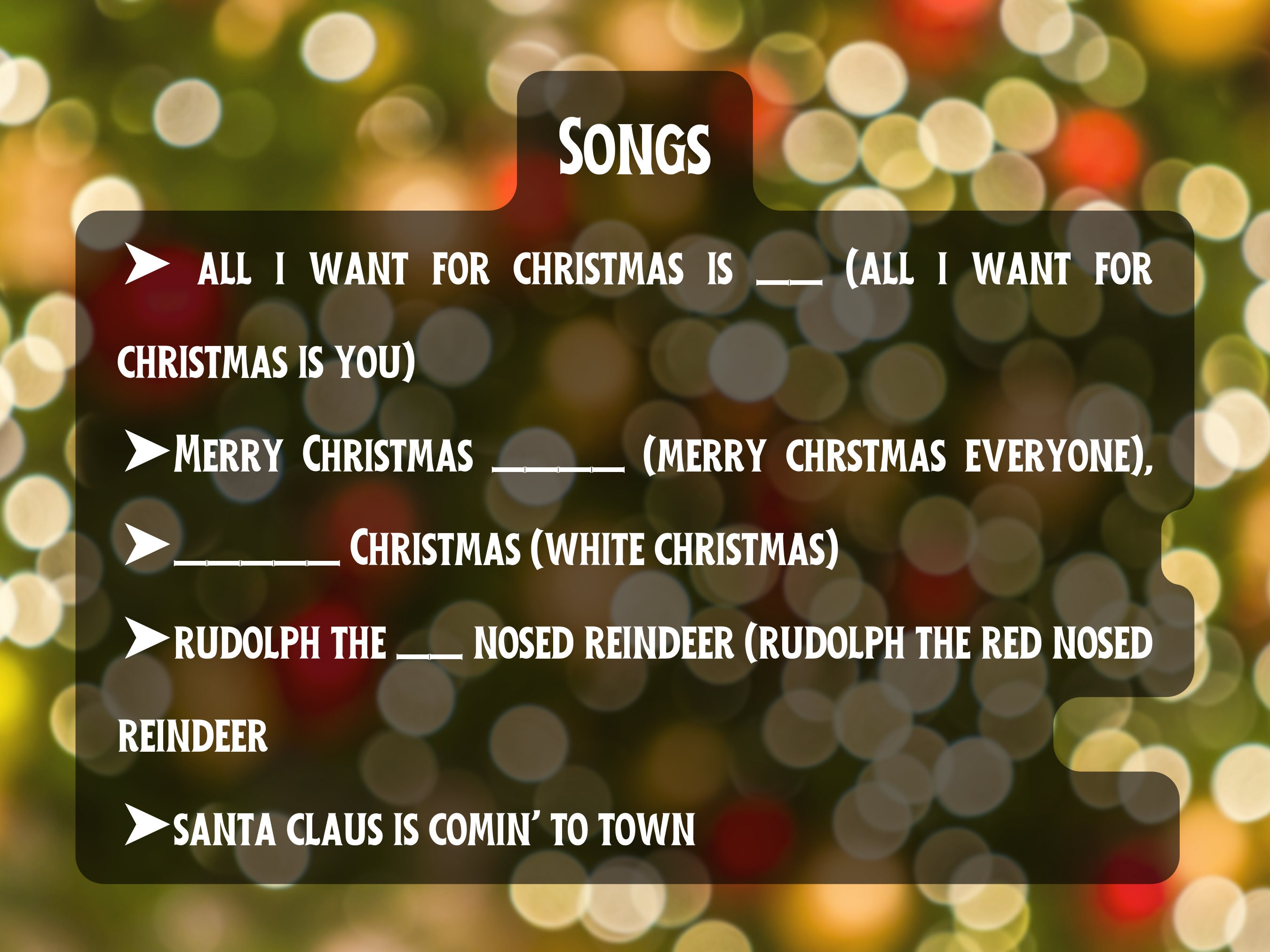 Christmas Song Mad Libs Game, 5 Xmas Songs Fill in the Blanks ...
