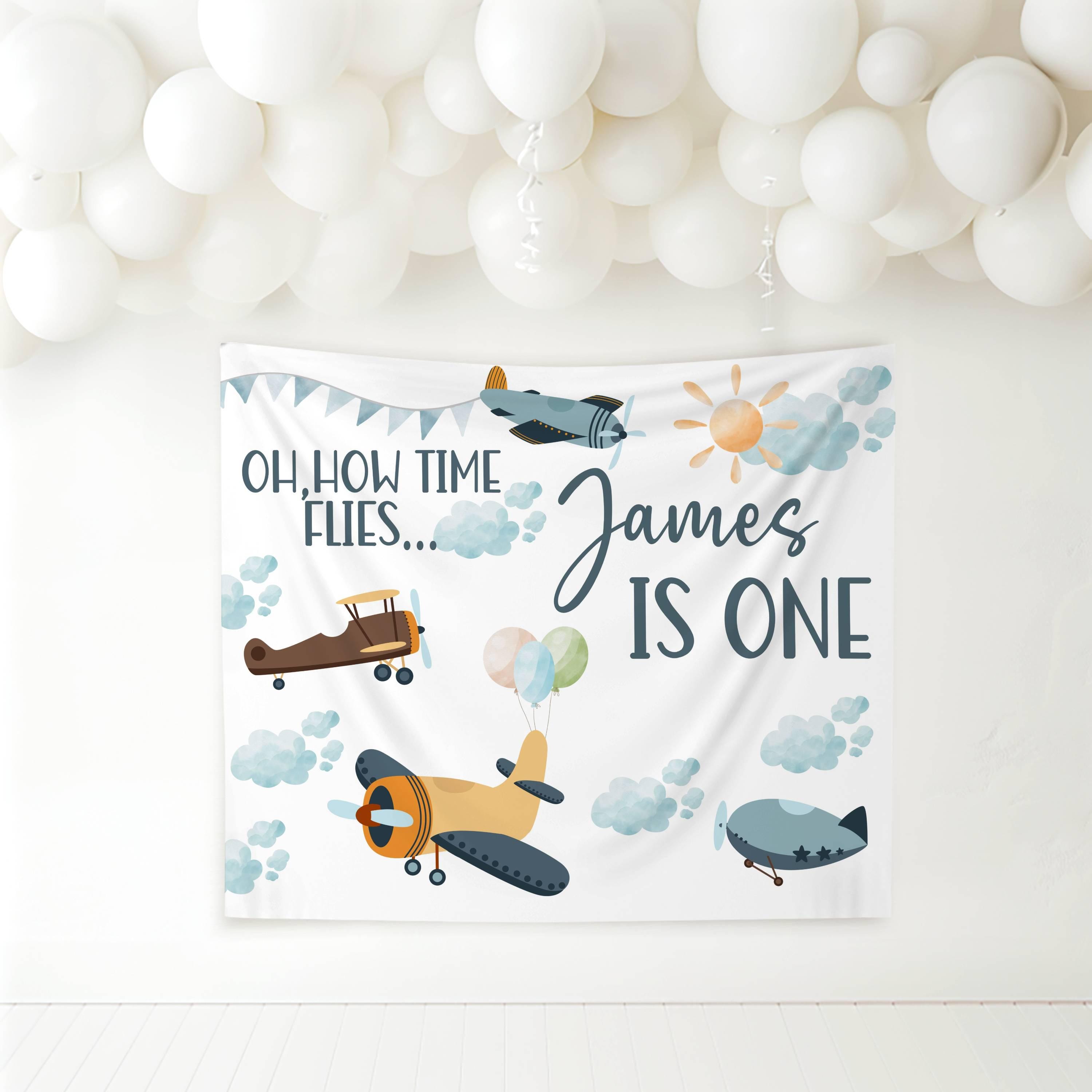 Airplane Birthday Backdrop, Time Flies First Custom Banner, 1st ...