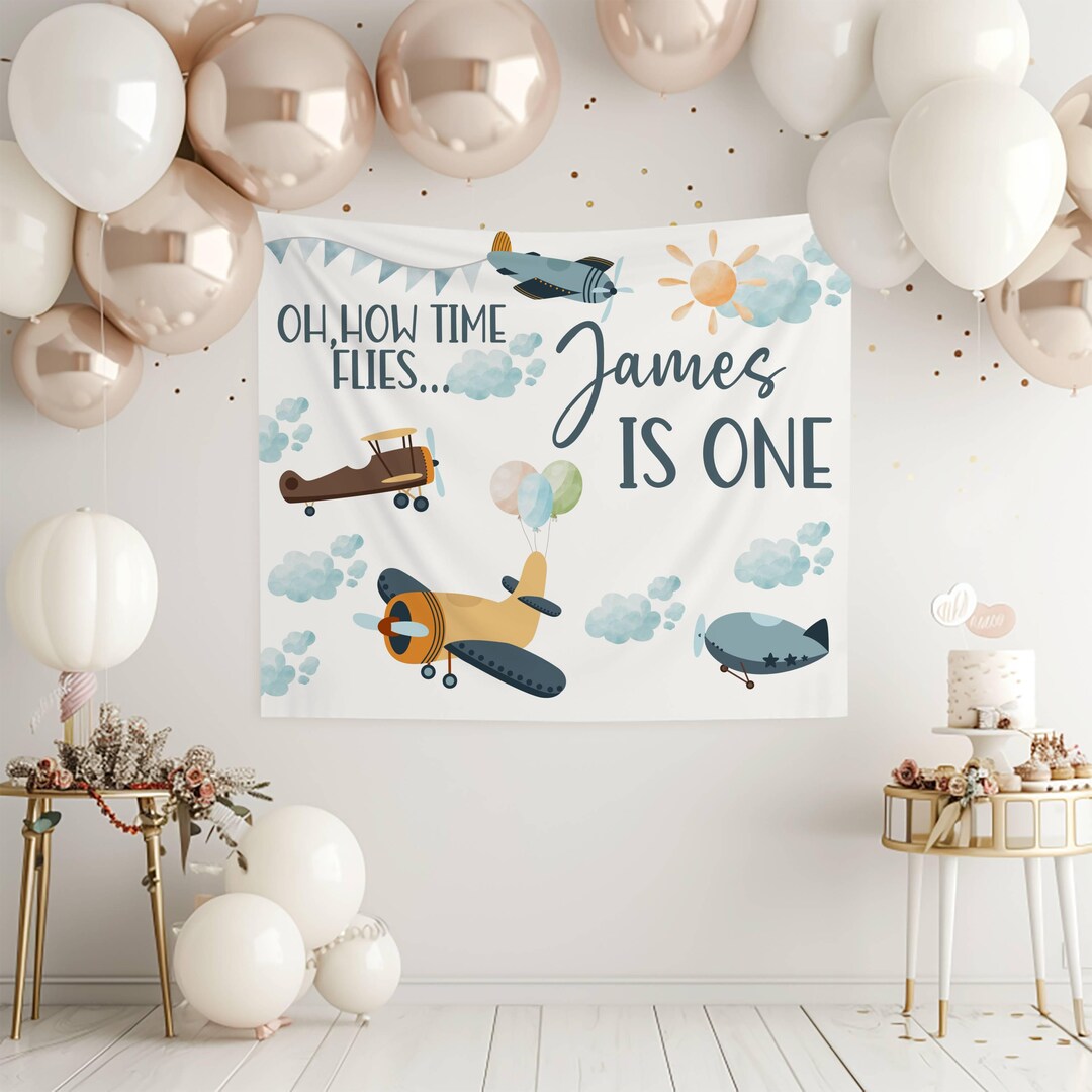 Airplane Birthday Backdrop, Time Flies First Custom Banner, 1st ...