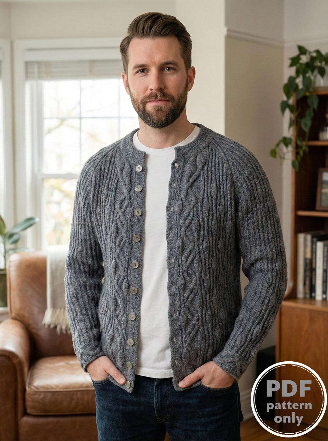 Men’s Cabled Cardigan Knitting Pattern PDF, Textured Aran Jacket ...