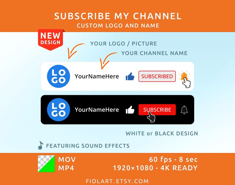 Custom Subscribe Button for Youtube Channel Black or White, Animated 8s 60fps 4K Ready, Light ...