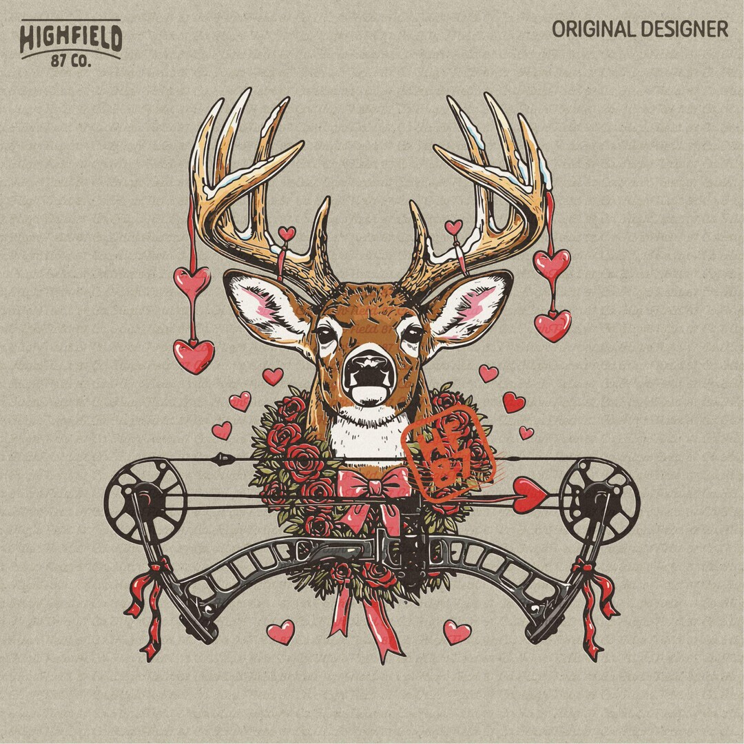 Deer Bow Hunting Valentine PNG: Hand-drawn Buck With Hearts (digital ...